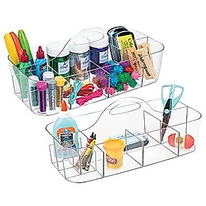 mDesign Plastic Divided Art and Craft Storage Organizer Caddy Tote Bin with Handle for Home Office and Living Room - Holds Pencils, Crayons, Sewing Supplies - Lumiere Collection, 2 Pack, Clear