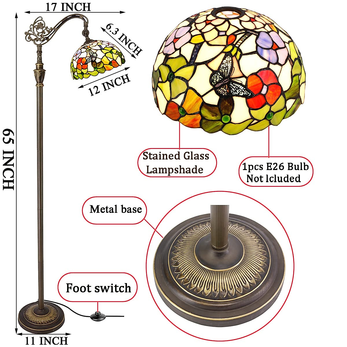 ZJART Tiffany Floor Lamp Stained Glass Dragonfly Arched Gooseneck Antique Reading Light Angle Adjustable 12X18X65 Inches Bronze Finsh Bright Decor Corner Living Room Bedroom Office