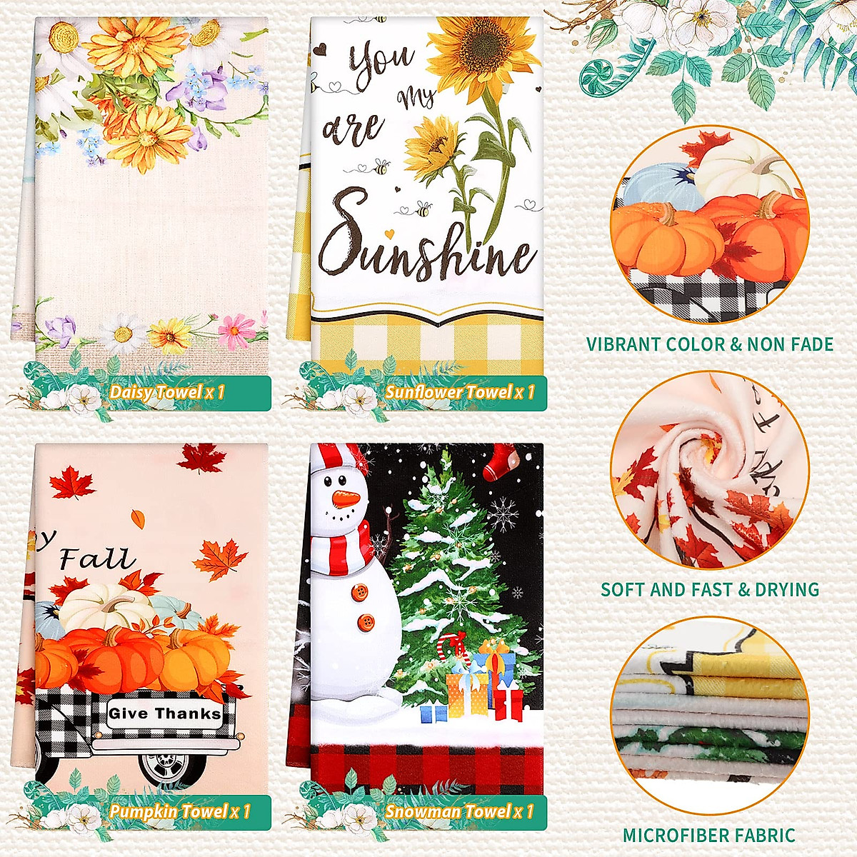 Batiyeer 4 Pcs Seasonal Holiday Kitchen Towels Valentine's Day Gifts for Woman Spring Daisy Sunflower Dish Towels Fall Snowman Towel for Holidays Harvest Thanksgiving Autumn Holiday Gift