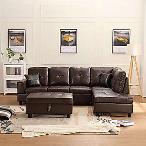 GINGVAT Faux Leather Sectional Sofa Furniture Set, L-Shape Couch with Right Chaise, Storage Ottoman and 2 Pillows for Apartment Home Hotel，Easy Assembly Required,Brown