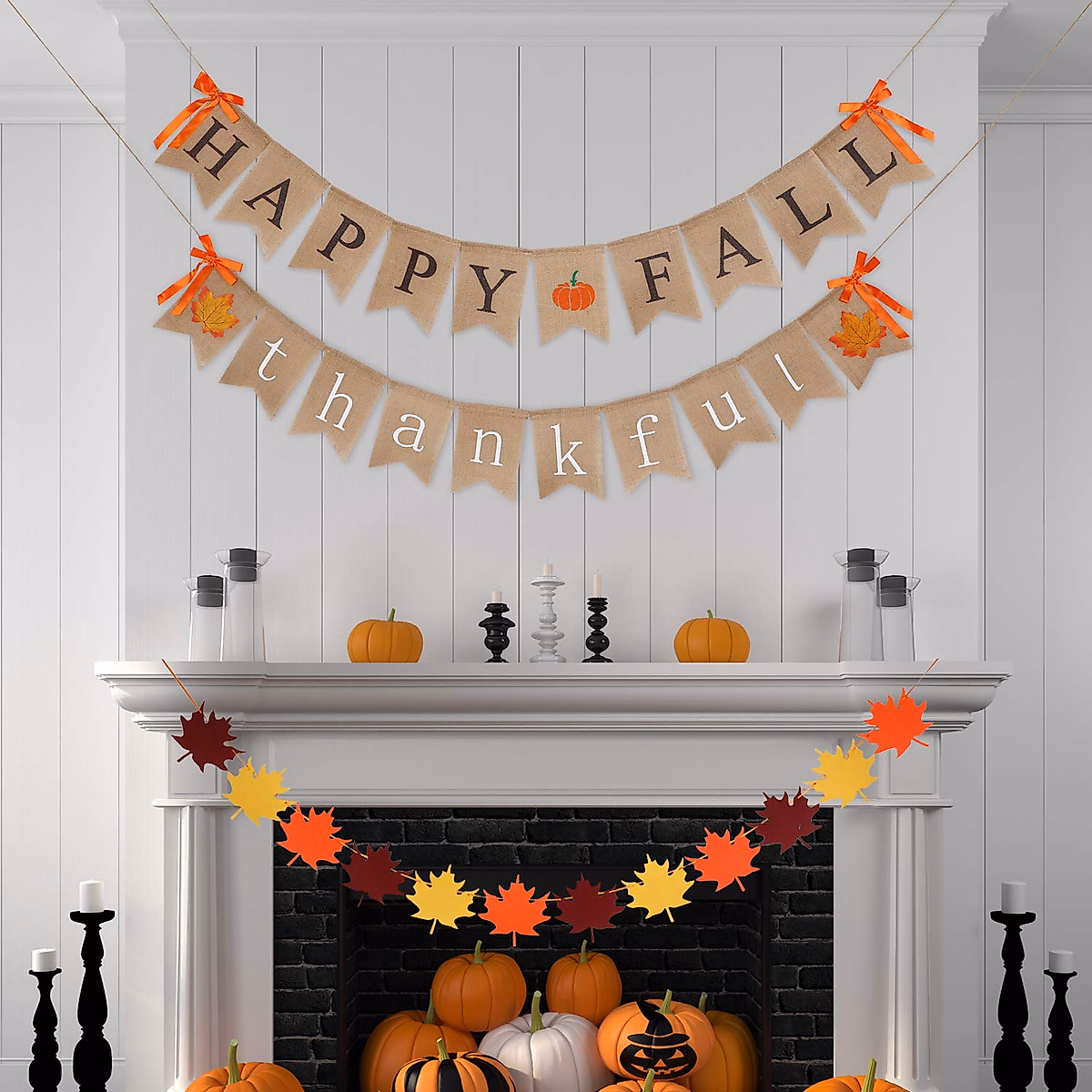 3 Pieces Happy Fall Banner Thankful Banner Give Thanks Banner and Felt Fall Leaves Garland Banner for Fall Thanksgiving Decoration (Style Set 1)
