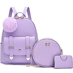 I IHAYNER Mini Leather Backpack Purse for Teen Girls 3-Pieces Fashion Backpack Cute Travel Daypacks Women Pompom Backpack Shoulder Bag Purple