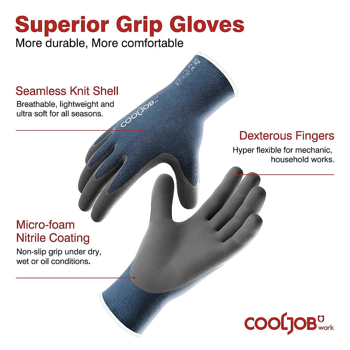 COOLJOB Micro-Foam Nitrile Safety Work Garden Gloves with Touchscreen Fingers, 6 Pairs Lightweight Working Gloves for Men’s Sweaty Hands, Non-slip Coated Grip Fits Most Tasks, Xlarge, Blue & Black