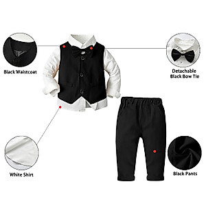 SANGTREE Baby Boy's Tuxedo Clothes, 3 Pieces Fall Winter Outfit, Long Sleeves Button Down Dress Shirt with Bow Tie + Vest + Pants Set Gentlemen Clothing, A - Black, 9-12 Months = Tag 70