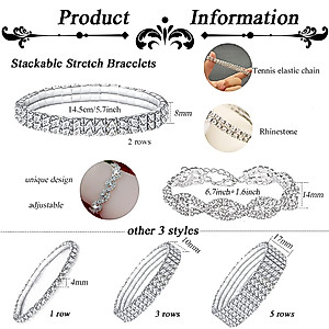 MOZAKA 5Pcs Sparkle Rhinestone Stretch Bracelets Bangle for Women Bling Silver Bridal Wedding Strand Stackable Tennis Bracelet Set