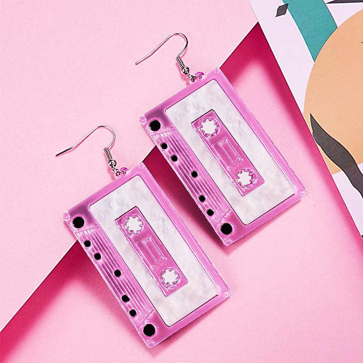 DFYOUHOME® 1980s Fashion Acrylic Earrings for 80’s Party Women Punk Retro Cassette Crush Colorful Drop Dangle Party Night Club Pretty (Pink)