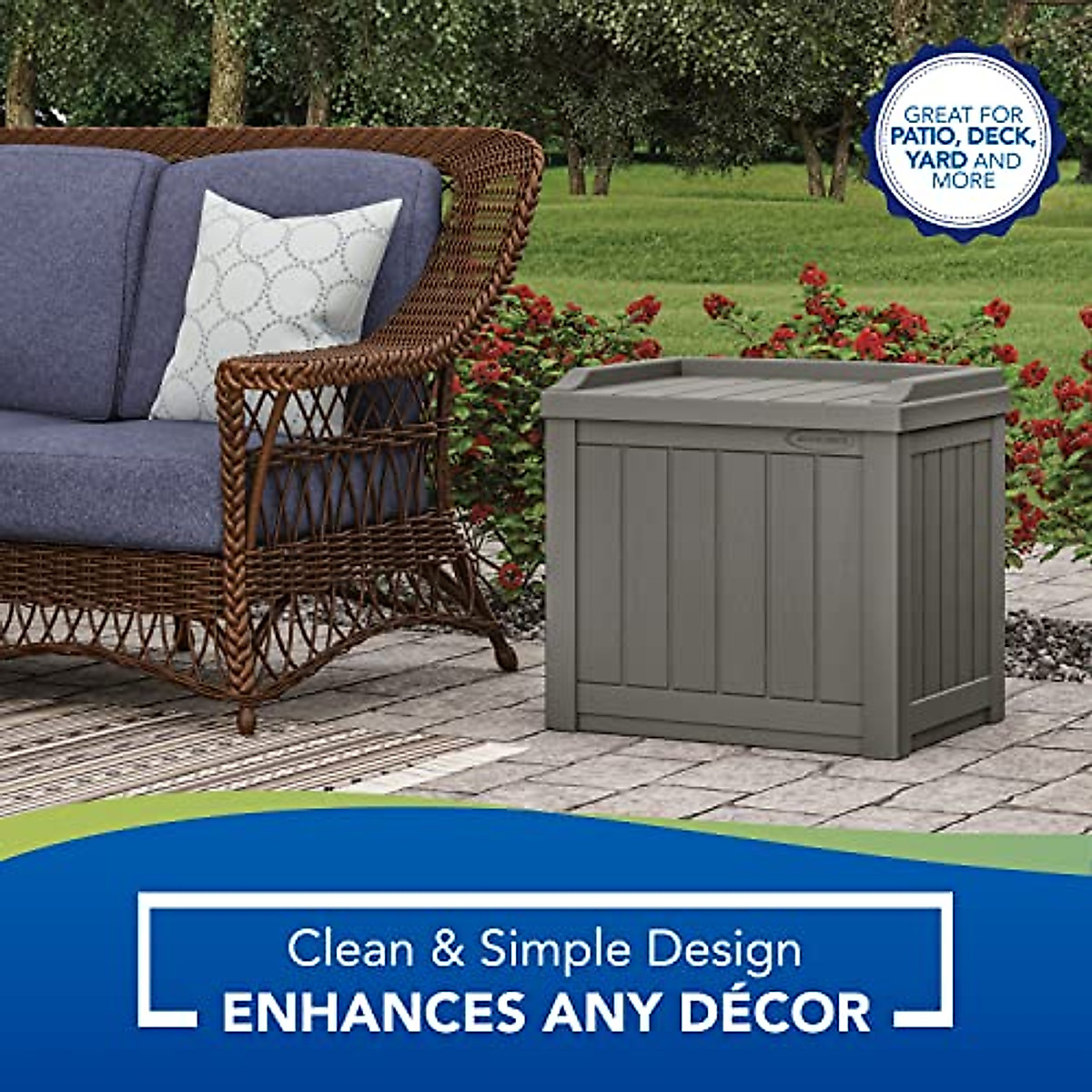 Suncast 22-Gallon Small Deck Box - Lightweight Resin Indoor/Outdoor Storage Container and Seat for Patio Cushions and Gardening Tools - Store Items on Garage, Yard - Stone Gray