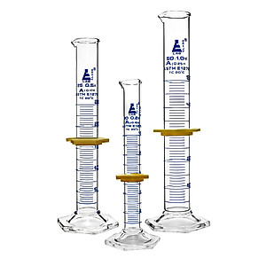 EISCO Premium Graduated Cylinder Set - 10mL, 25mL & 50mL - ASTM, Class A - Protective Collars, Hexagonal Base - Blue Graduations - Borosilicate 3.3 Glass