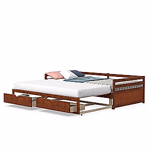 Giantex Extendable Daybed with Trundle and 2 Storage Drawers, Twin to King Daybed with Solid Wood Roll Out Bed Frame, Dual-use Modern Sofa Bed for Teens, Adults, Bedroom, Living Room (Cherry)