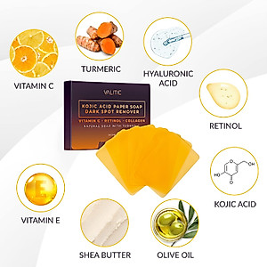 VALITIC Kojic Acid Dark Spot Corrector Paper Soap - Travel Size - 100 Portable and Dissolvable Soap Sheets - with Vitamin C, Retinol, Collagen and Turmeric - 2 Pack