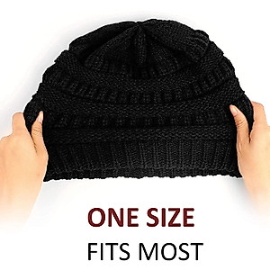 Roniky Winter Knit Beanie Hats for Women, Silk Satin Lined Chunky Cap Soft Stretch Cable Knit Warm Slouchy Beanie Hat Black