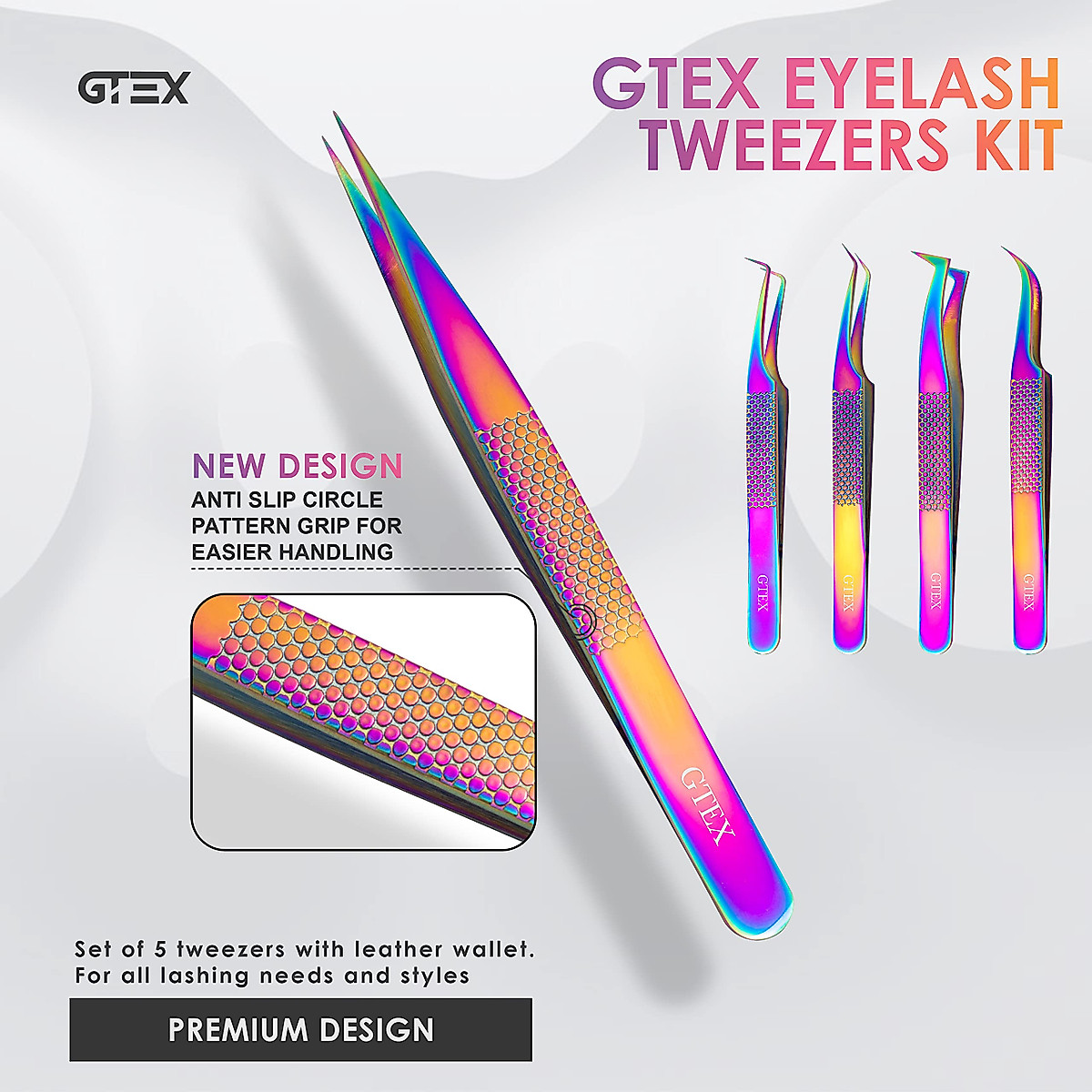 GTEX Lash Tweezers For Eyelash Extensions Tweezers, Circle Grip - Japanese Steel - Professional Eyelash Tweezers For Extensions, 5 Pack - Silver