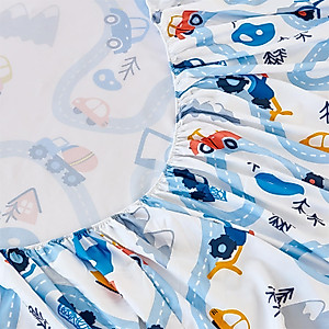 RYNGHIPY Kids Twin Bed Sheets: Cars Print Sheets Set for Boys - Breathable Wrinkle Free Microfiber Flat Sheet Fitted Sheet and Pillowcase (White,Twin)