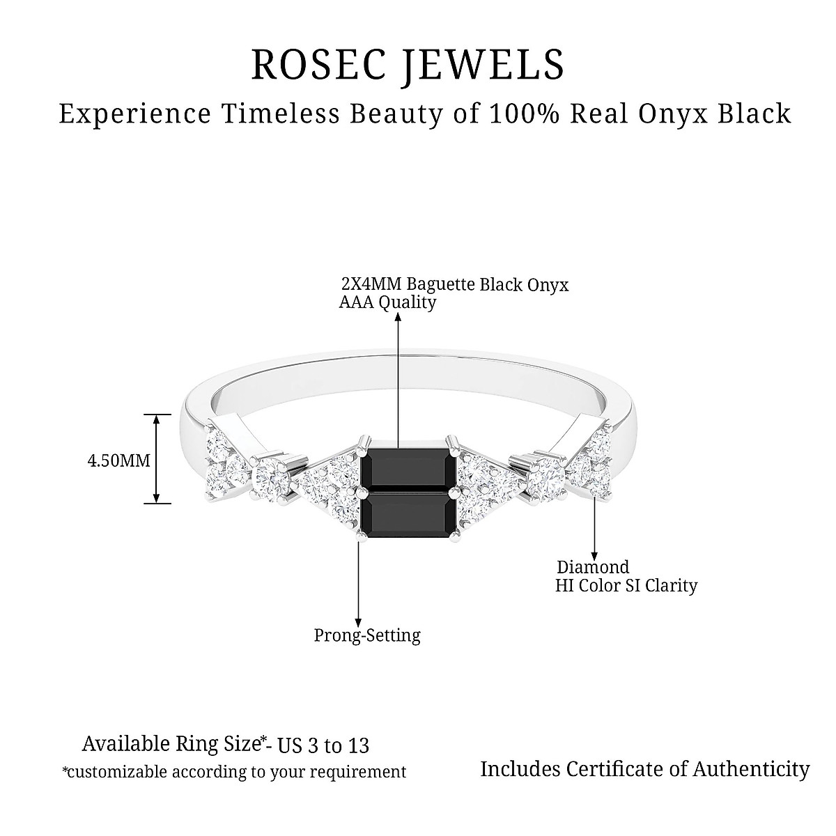 Baguette Black Onyx Promise Ring For Women, Natural Black Onyx Ring with Diamond, 14K White Gold, Size:US 10.00