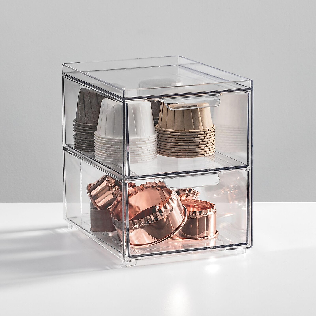 mDesign Stackable Storage Containers Box with 2 Pull-Out Drawers - Stacking Plastic Drawer Bins for Kitchen Pantry and Cupboard, Cabinet, Counter, Island and Tables - Lumiere Collection - Clear