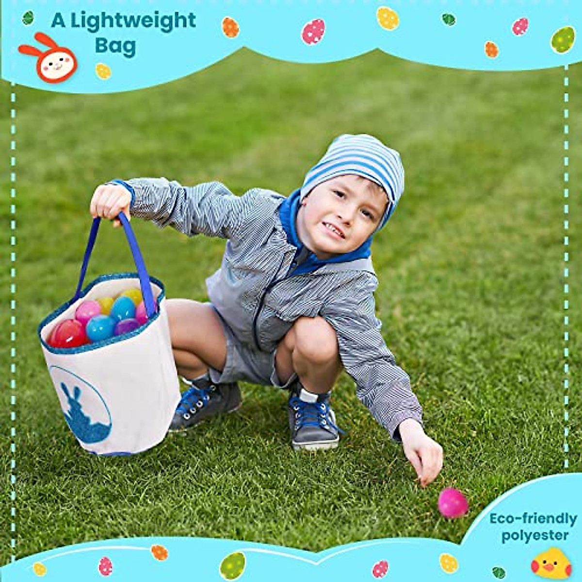 FUN LITTLE TOYS Kids Easter Basket Canvas Easter Bunny Bag for Kids Large Blue Easter Basket