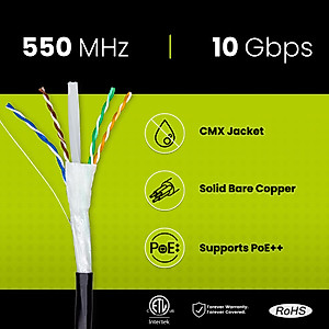trueCABLE Cat6 Direct Burial, 1000ft, Waterproof, Outdoor Rated CMX, Black, 23AWG Solid Bare Copper, 550MHz, PoE++ (4PPoE), ETL Listed, Unshielded UTP, Bulk Ethernet Cable