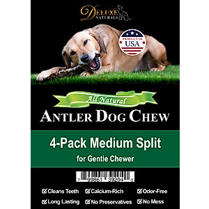 Deluxe Naturals Elk Antler Dog Chews | Long-Lasting A-Grade Premium Elk Antler Chews for Dogs from Naturally Shed Elk Antlers Collected in The USA, Split, Medium (Pack of 4)