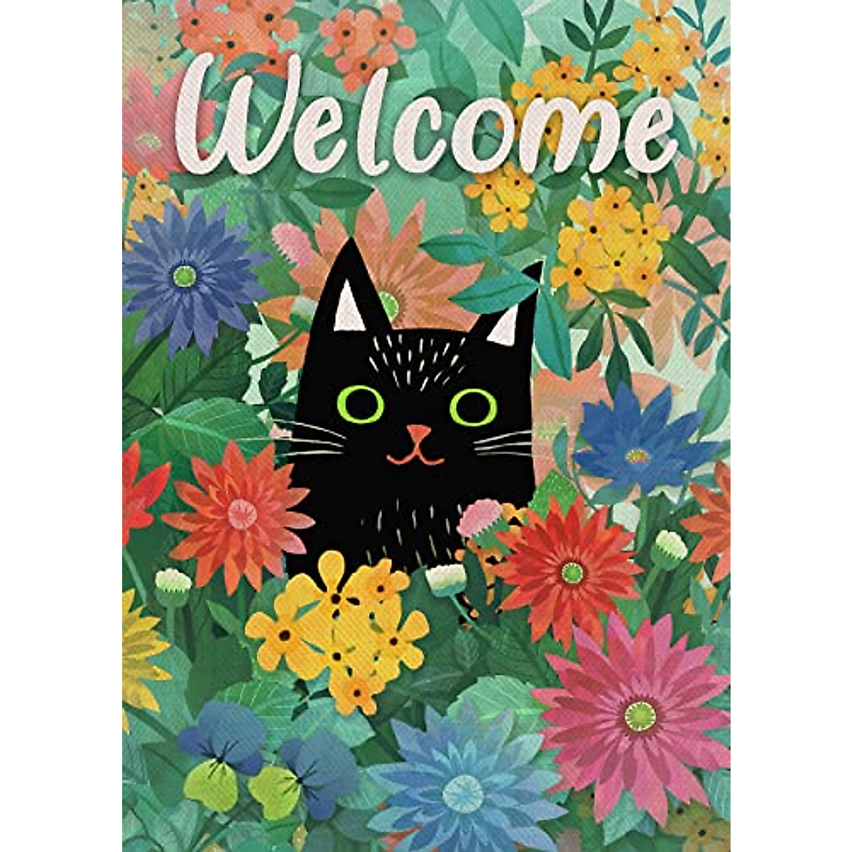Dyrenson Welcome Spring Black Cat Decorative Garden Flag, Kitty House Yard Lawn Daisy Pansy Red Blue Flower Floral Outside Decoration, Summer Seasonal Farmhouse Outdoor Small Burlap Porch Decor 12x18