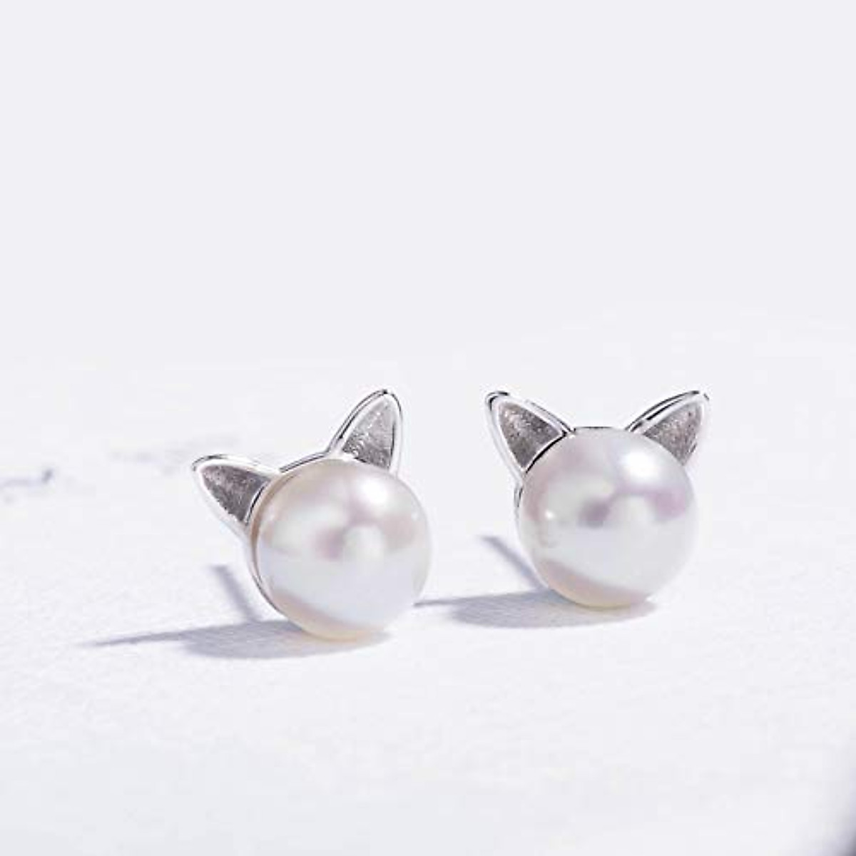 S.Leaf Cat Earrings Pearl Earrings Sterling Silver Earrings for Women Cat Memorial Gifts Cat Gifts for Cat Lovers