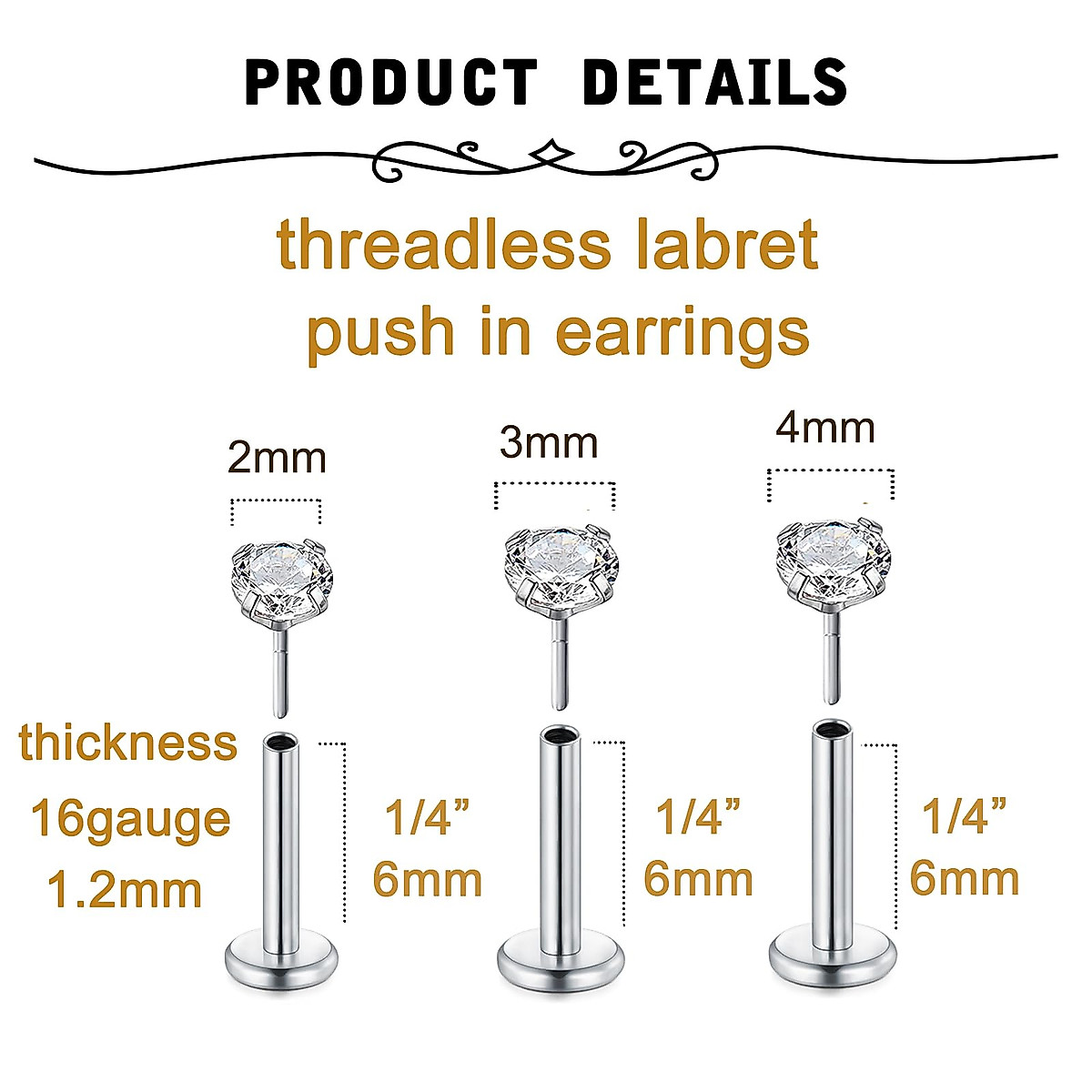 MODRSA Threadless Cartilage Earrings Tragus Earrings Tragus Helix Piercing Jewelry Helix Earrings Lip Piercing Jewelry Labret Piercing Jewelry Threadless Earring 16g 6mm