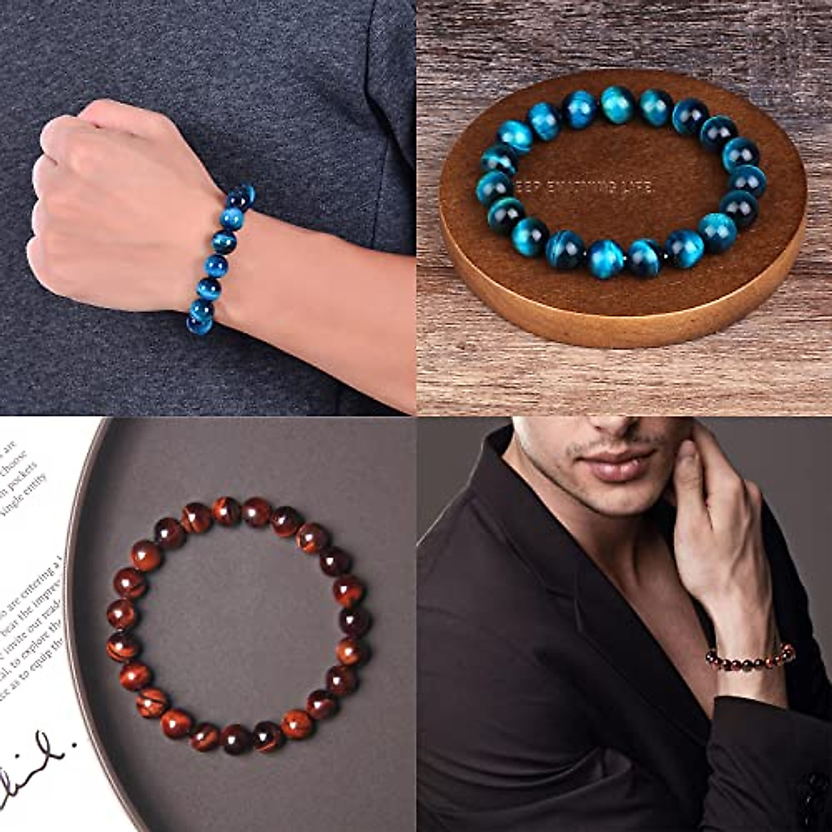 SONNYX 10 Pcs 8mm Semi-Precious Gemstones Bracelets Round Beaded Bracelets for Men Women Stone Crystal Stretch Beaded Bracelet Unisex