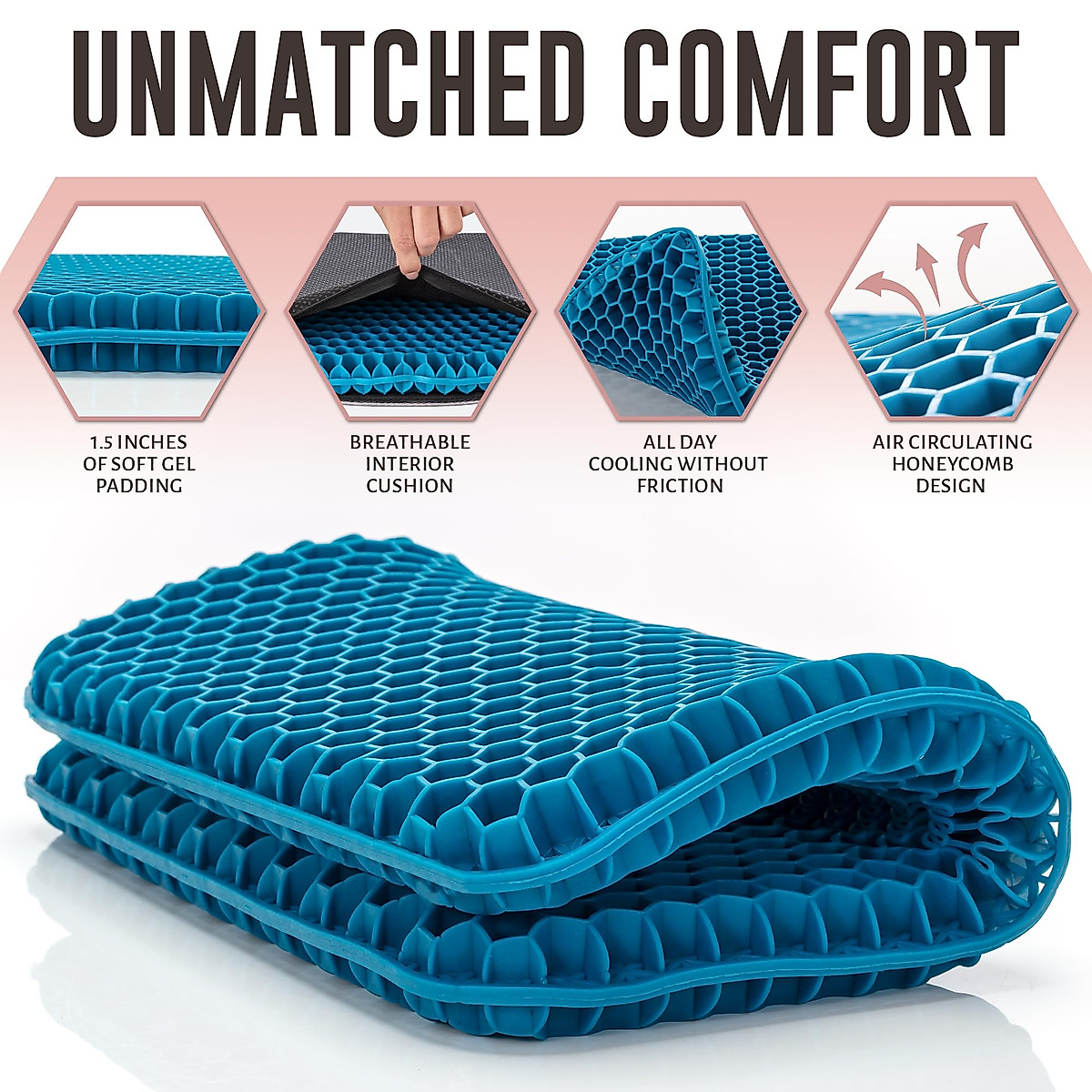 Gel Seat Cushion for Long Sitting - Honeycomb Cooling Pad with 1.2" Inches of Gel Padding & Padded Cover for Driving, Office Chair, Car or Wheelchair - Sciatica, Tailbone and Pressure Relief Pillow