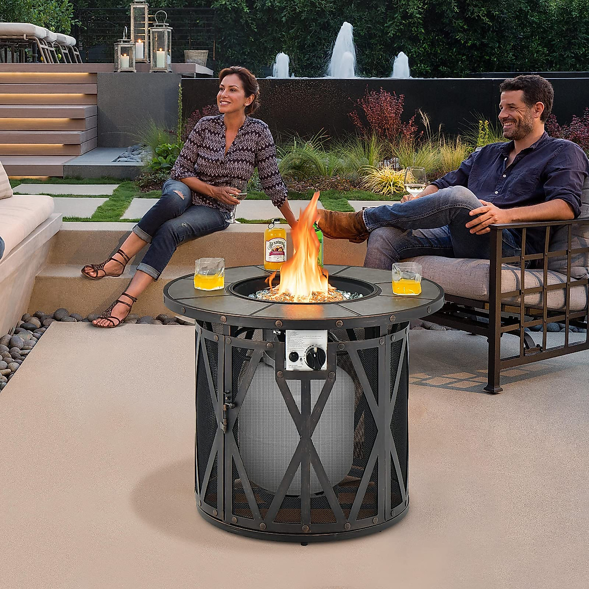 Giantex 32" Propane Fire Pit, 30,000 BTU Round Outdoor Fire Pit Table with Lid, PVC Cover, Glass Stones, CSA Approved, 2-in-1 Ignition Gas Fire Table for Outside Patio Garden Backyard Deck, Black