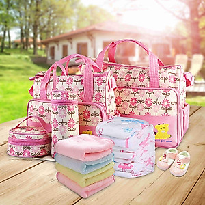 iMounTEK Diaper Bags Tote,5Pcs baby diaper Convertible Baby Bags with Changing Pad & Insulated Pockets for Mom, Multifunction Mommy bag Large Storage for Baby Nappy/Clothes (Pink)