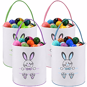 4 Pieces Easter Bunny Basket Egg Bags for Kids Cloth Tote Bags Canvas Cotton Empty Personalized Candy Egg Basket Bunny Print Buckets Carrying Presents and Eggs Hunt Bag Toys Bucket Boys Girls