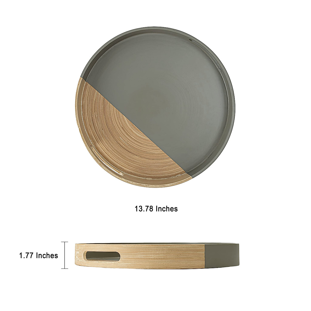 Kiwi Homie 13.78" Dia Spun Bamboo Serving Tray, Round Tray with Handles, Round Ottoman Tray, Semi Grey for Coffee Table, Serving Food on Home Dining Table, Restaurant (Grey)