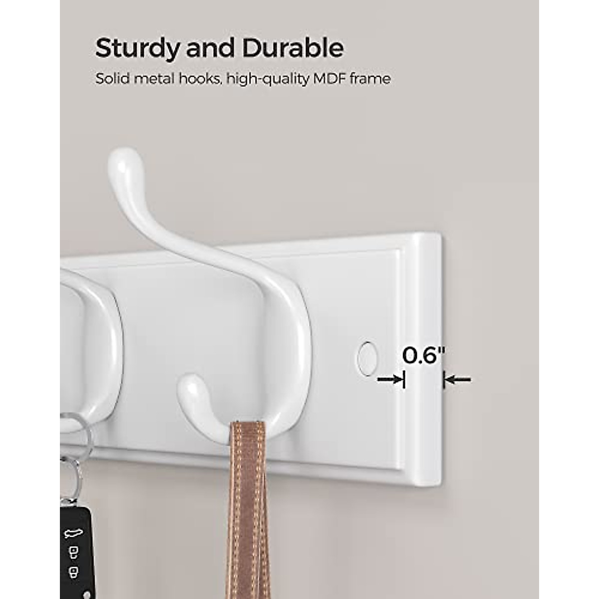 SONGMICS Wall-Mounted Coat Rack, Hook Rack, 4 Dual Metal Hooks, for Coats, Bags, Keys, in the Entryway, Bedroom, Living Room, White ULHR23WT