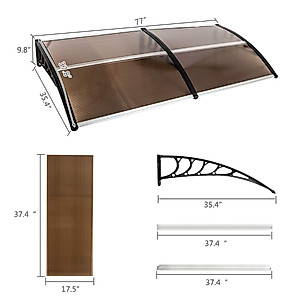 Outvita Window Awning Door Canopy 77"x35.4", Polycarbonate Cover Front Door Outdoor Patio Awning Canopy UV Rain Snow Sunlight Protection Hollow Sheet, Brown Board & Black Bracket