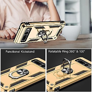 IKAZZ Suitable for Google Pixel 7 Pro Case,Military Grade Shockproof Heavy Duty Protective Phone Cover Pass 16ft Drop Test with Magnetic Kickstand Car Mount Holder Gold