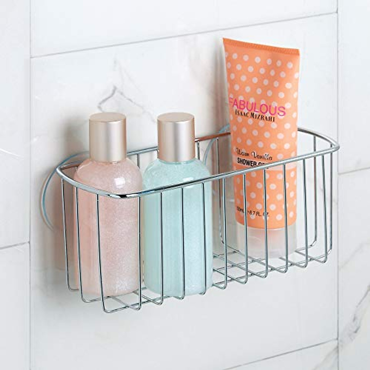 iDesign Rondo Metal Wire Suction Bathroom Shower Caddy Rectangular Basket for Shampoo, Conditioner, Soap, Creams, Towels, Razors, Loofahs, 4" x 8.8" x 5", Stainless Steel