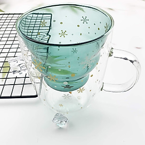 JASHII Glass Mugs Double Wall Glass Mug with Handle, Bear Cat Animal Double-layer Glass Mug Coffee Cup, Christmas Mug Gift,Cute Tea Milk Cup. - Christmas Tree