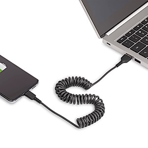 StarTech.com 3ft (1m) USB A to C Charging Cable, Coiled Heavy Duty Fast Charge & Sync USB-C Cable, USB 2.0 A to Type-C Cable, Rugged Aramid Fiber, Durable Male to Male USB, Black (R2ACC-1M-USB-CABLE)