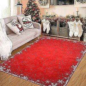 RUGSREAL Christmas Snowflake Area Rug Red Boho Area Rug Non-Slip Indoor Floor Carpet Washable Xmas Decorative Throw Rug Small Merry Christmas Rug for Bedroom Living Room Kitchen Nursery, Red 3' x 5'