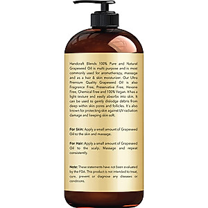 Handcraft Blends Grapeseed Oil - Cold-Pressed 16 Fl Oz - 100% Pure and Natural - Premium Grade Carrier Oil for Skin and Hair - Hair and Body - Massage - Hexane-Free