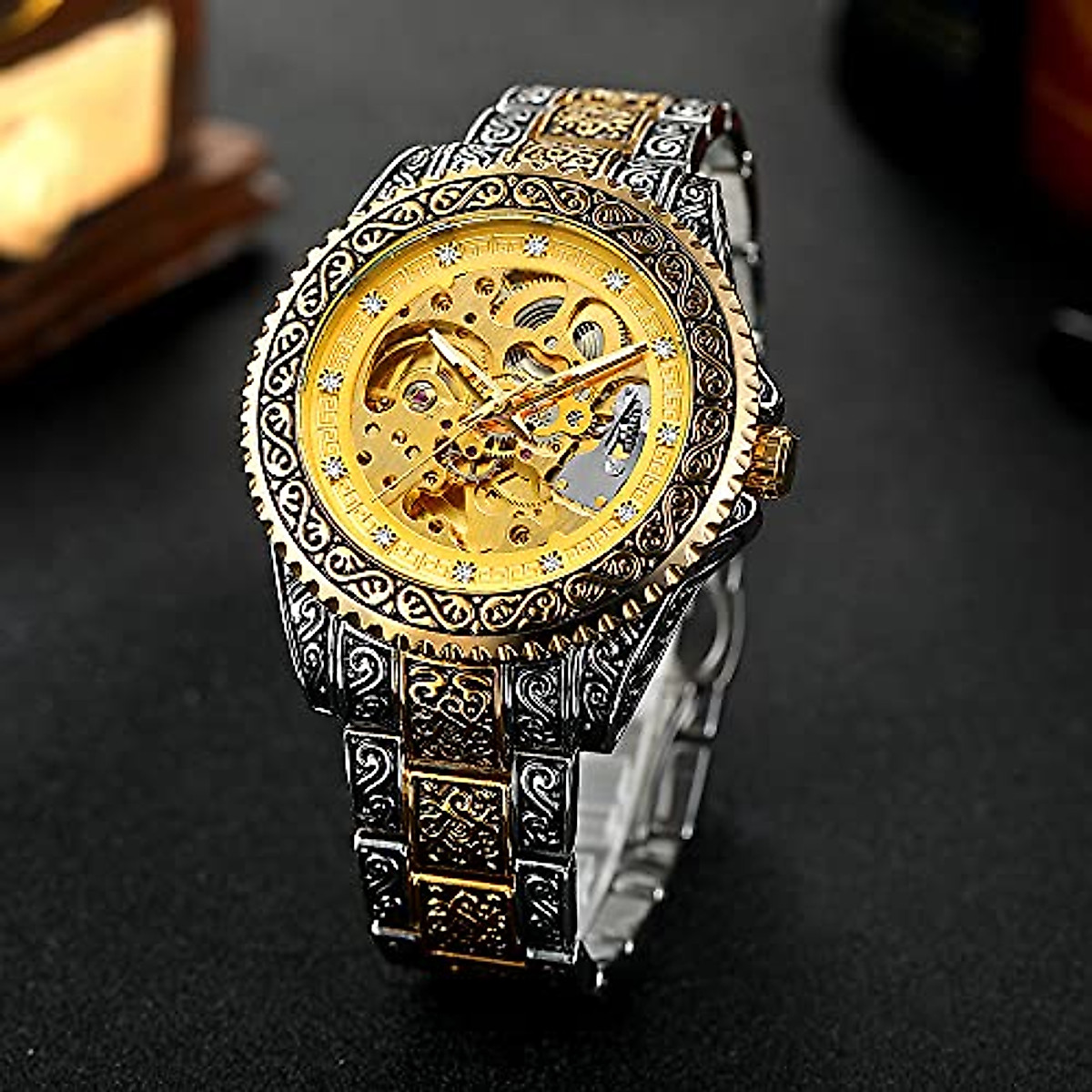 Luxury Men Automatic Mechanical Wristwatch Waterproof Stainless Steel Diamond Watch Golden Skeleton Men's Clock