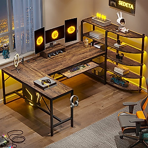SEDETA L Shaped Computer Desk, 65'' Office Desk with Keyboard Tray & LED Light, L Shaped Desk with Storage Shelves and Monitor Stand for Home Office, L Desk, Rustic Brown