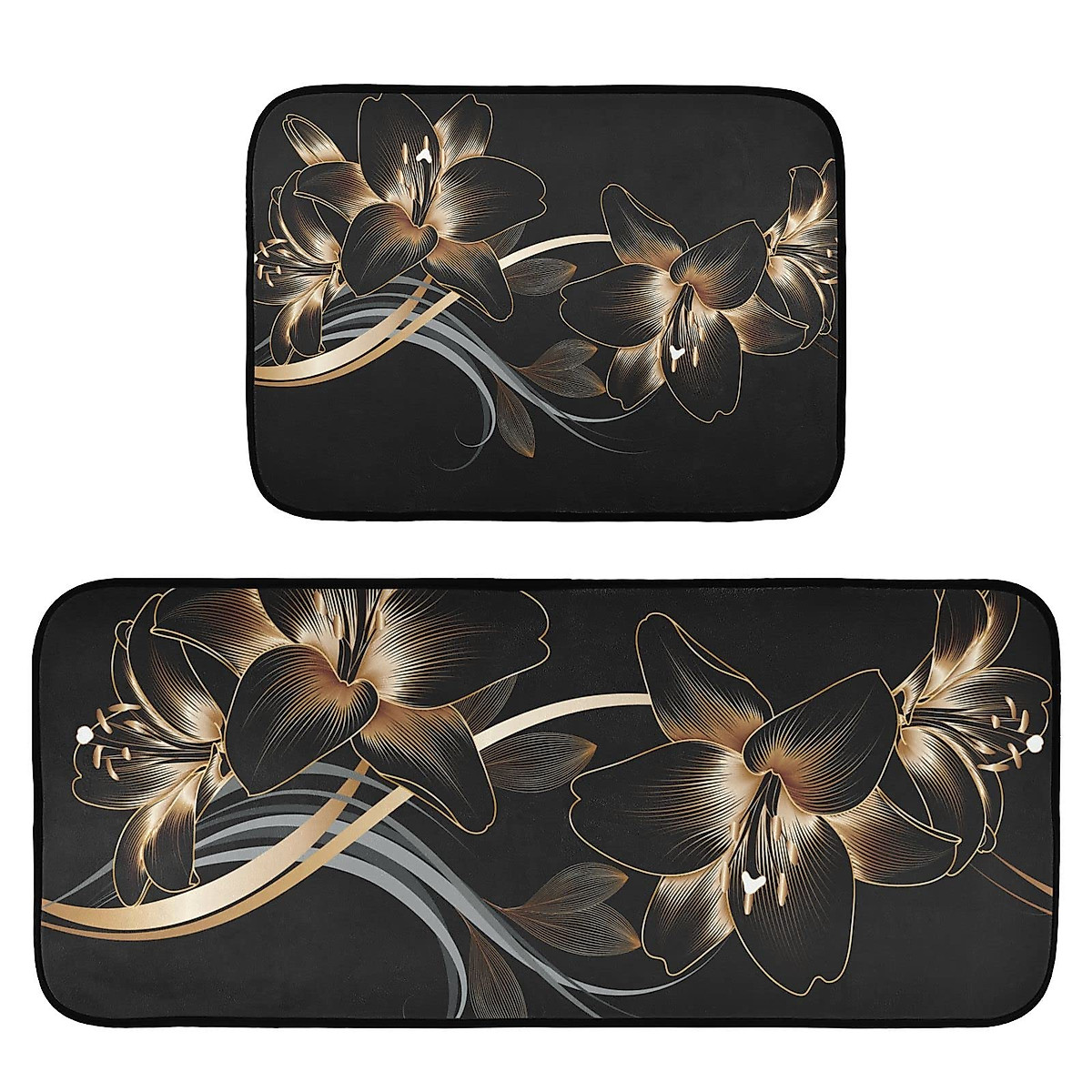 Kigai Kitchen Rugs 2 Piece Waterproof Non Slip Kitchen Mat Black Flower Kitchen Rug Set for Sink Office Kitchen Cafe, 19.7"x47.2"+19.7"x27.6"