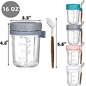 Pumtus 4 Pack Overnight Oats Container with Lid and Spoon, 16 OZ Airtight Glass Mason Oatmeal Jars, On The Go Meal Prep Jars with Measurement Marks for Milk, Cereal, Fruit, Breakfast