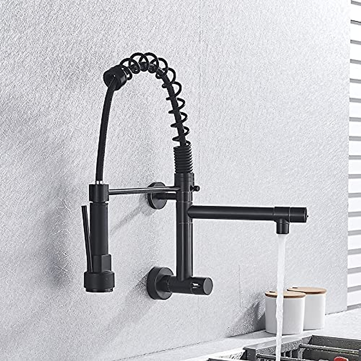 Kitchen Sink Faucet for Bar Farmhouse Commercial, Black/Chrome Brass Kitchen Faucet, Vessel Sink Mixer Tap, Spring Dual Swivel Spouts Sink Mixer, Bathroom Faucets, Wall Mounted Tap (Color : Black)