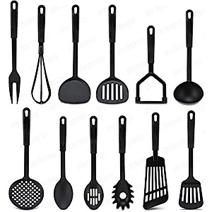AME D'ESSENCE  Solid Cooking Spoon 11 1/2 inch Black Nylon 410ºF Heat Resistant Serving Spoon with Ergonomic Handle Kitchen Gadgets for Cooking