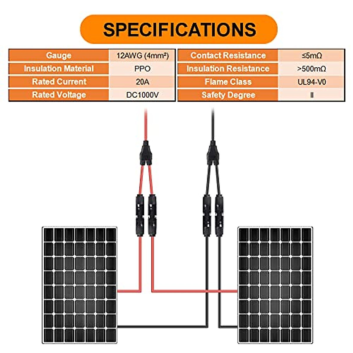 ALAMSCN 4 Pairs Solar Connector Y Branch Parallel Adapter Cable Wire Plug 2 to 1 Male Female Connectors (M/FF, F/MM) for Solar Panel with PV Cable Clips
