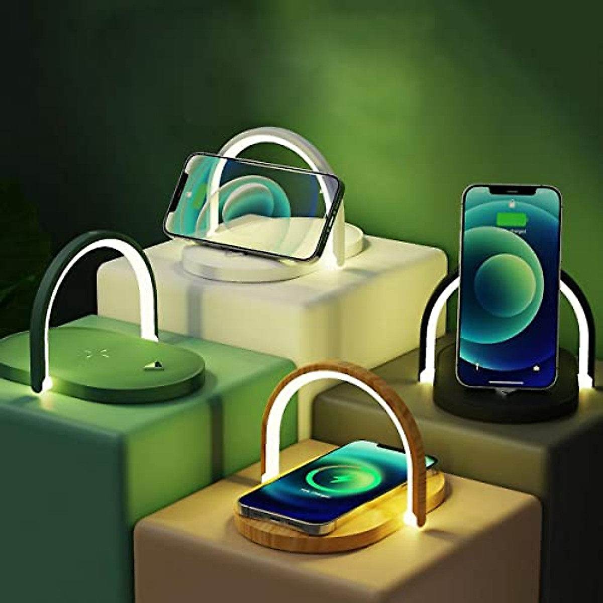 Table Lamp with Wireless Charger, 3 in 1 LED Bedside Night Light Phone Kickstand Foldable 15W Quick Wireless Charger for iPhone Samsung Huawei, Dimmable Desk Lamp for Bedroom, Office-Wood