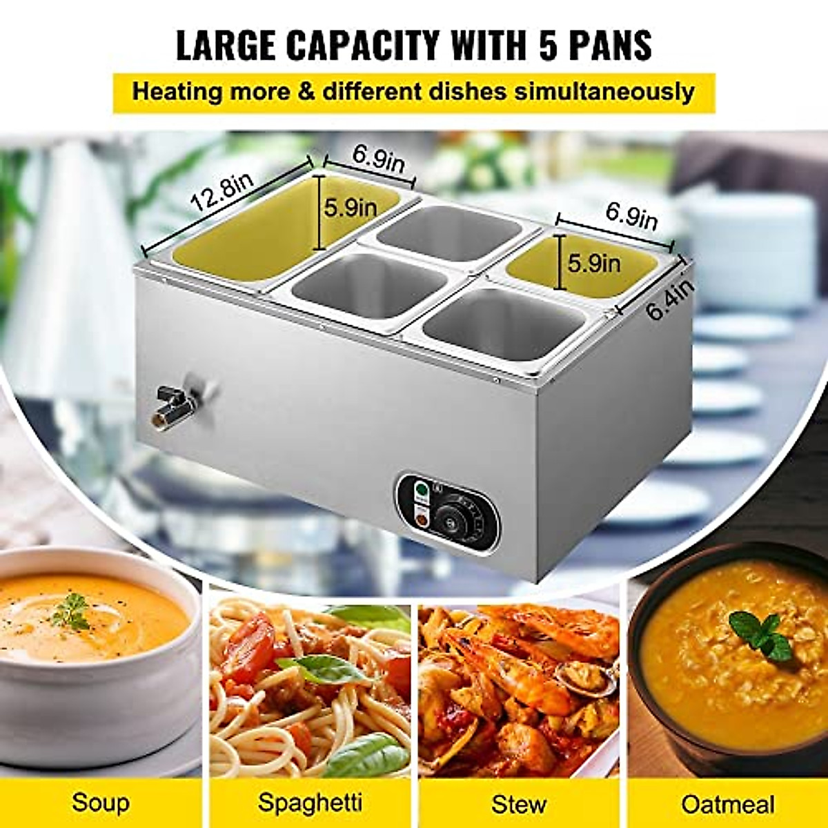 Commercial Food Warmer 110V, Stainless Steel 5-Pan Bain Marie 13.7 Quart Capacity with Lid for Catering Restaurants