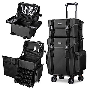 BYOOTIQUE 2in1 Soft Sided Rolling Makeup Train Case Trolley Freelance Makeup Artist Cosmetic Organize Storage Travel Case with Wheels Classic Black