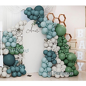 Dusty Blue and Green Balloon Garland - Double Stuffed Sage Green Teal White Matte Balloons Olive Slate Blue Boho Balloon Arch Kit for Baby Shower Neutral Birthday Bridal Party Decoration